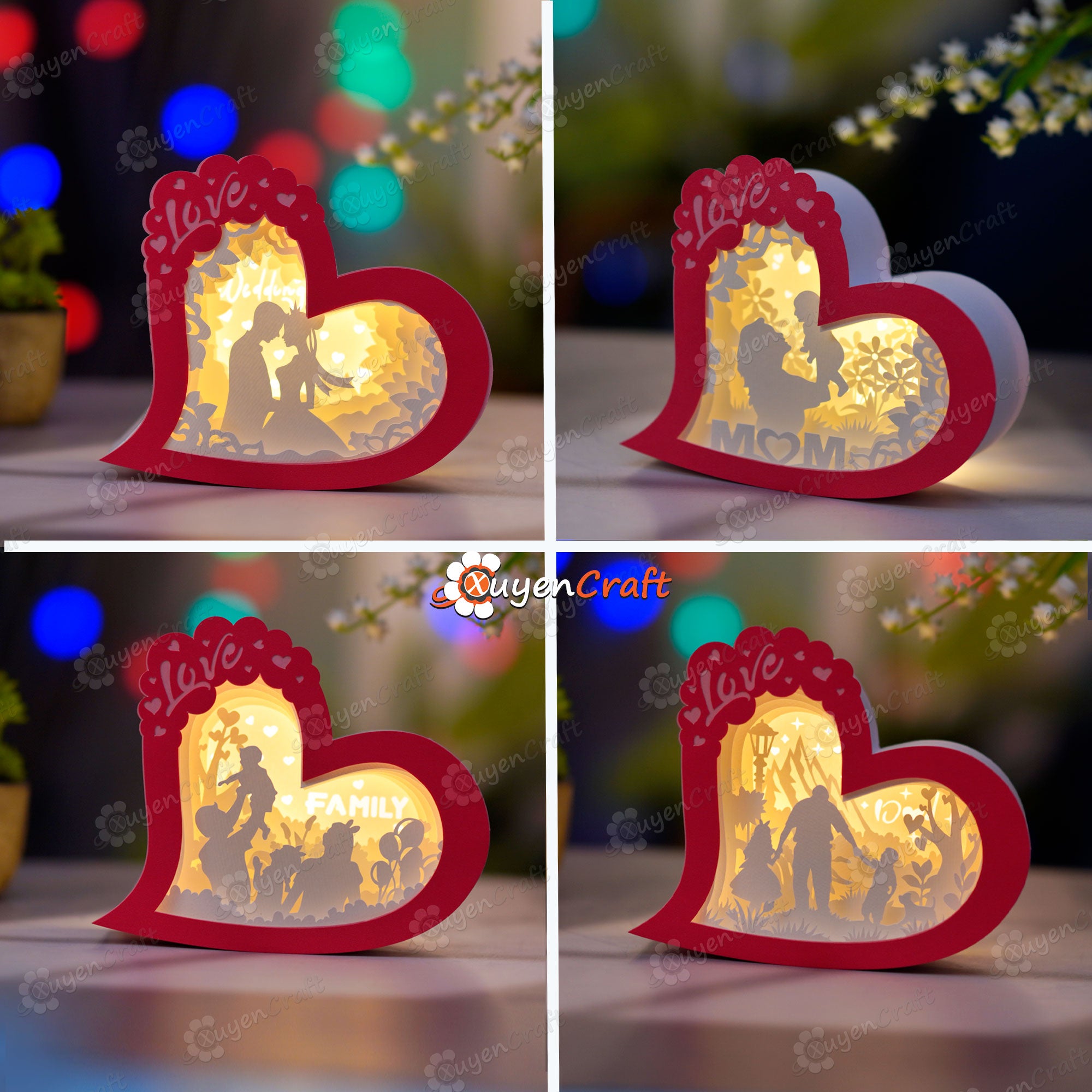 Pack 4 Cute Heart Shadow Box PDF, SVG, Studio Templates for Family Day ...