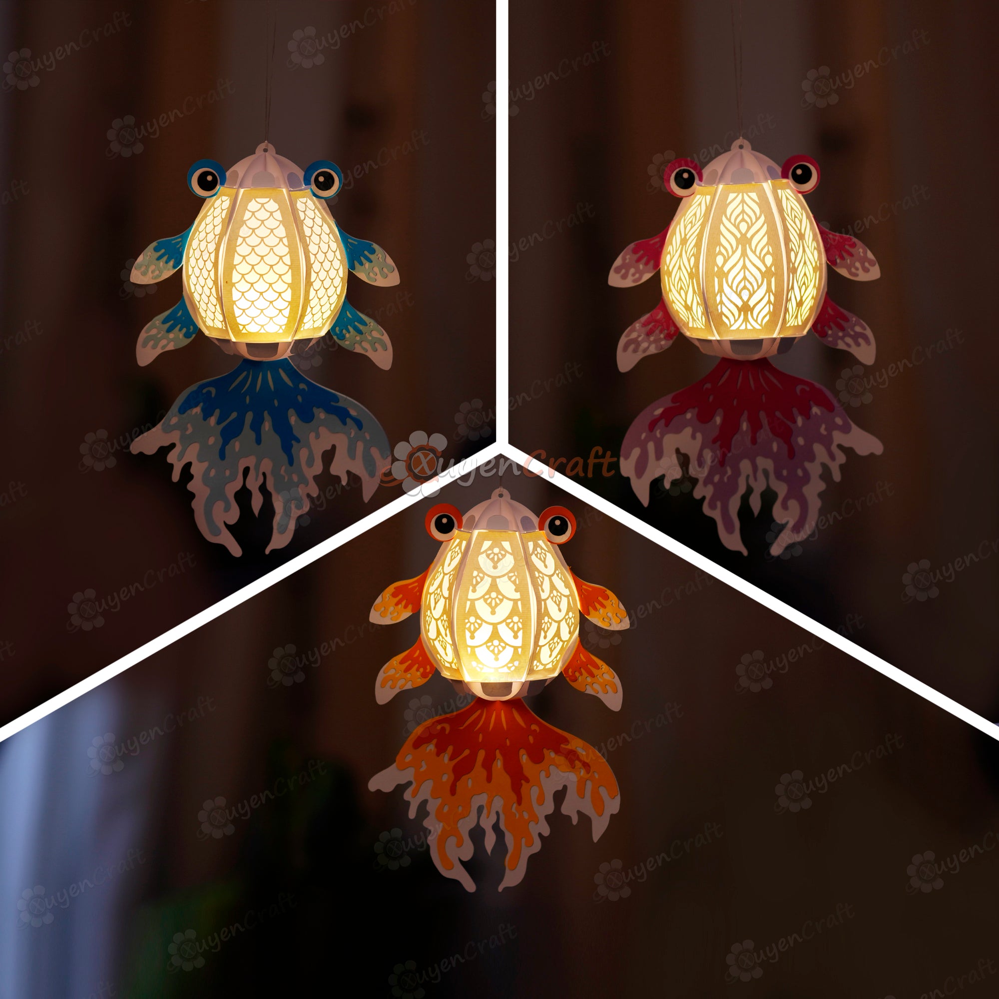 Set 3 Goldfish Lantern PDF, SVG, Studio Templates – 3dfancy