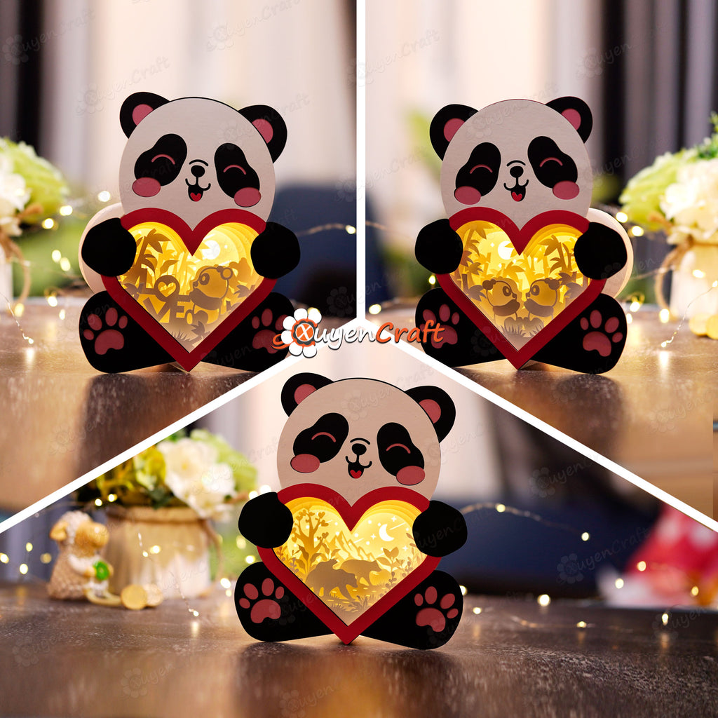 Pack 3 Panda Heart Lantern Shadow Box PDF, SVG Template - DIY Couple P ...