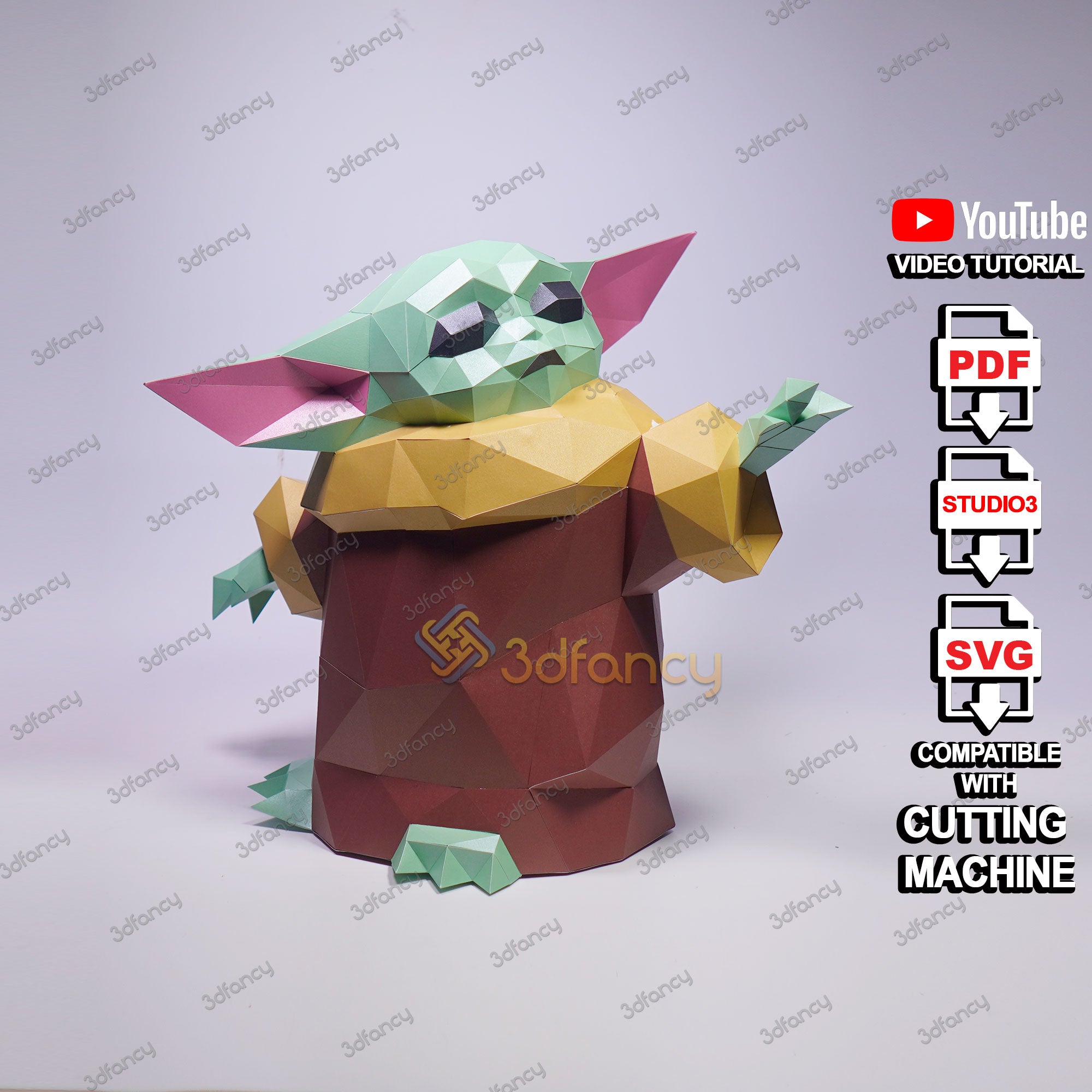 Low poly Baby Yoda 3D Papercraft PDF, SVG Template, Silhouette Studio ...
